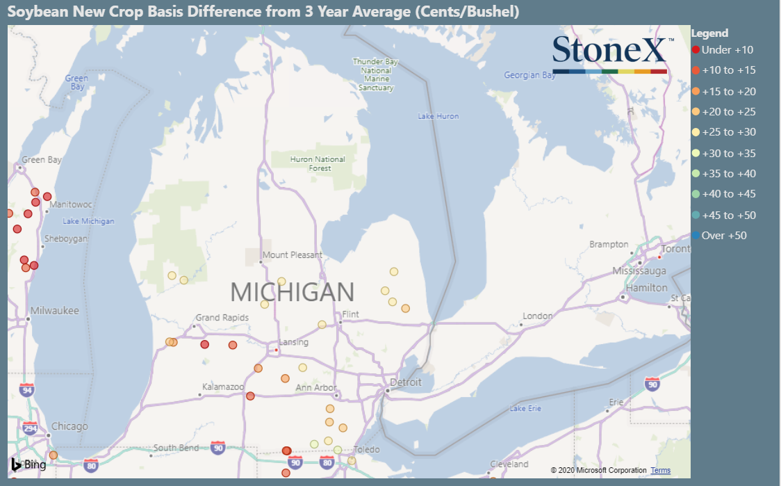 Michigan Soybean New Crop Basis Maps